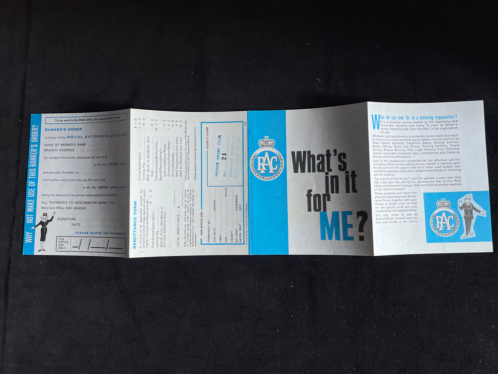 Original immaculate 1960's RAC application and information form ...