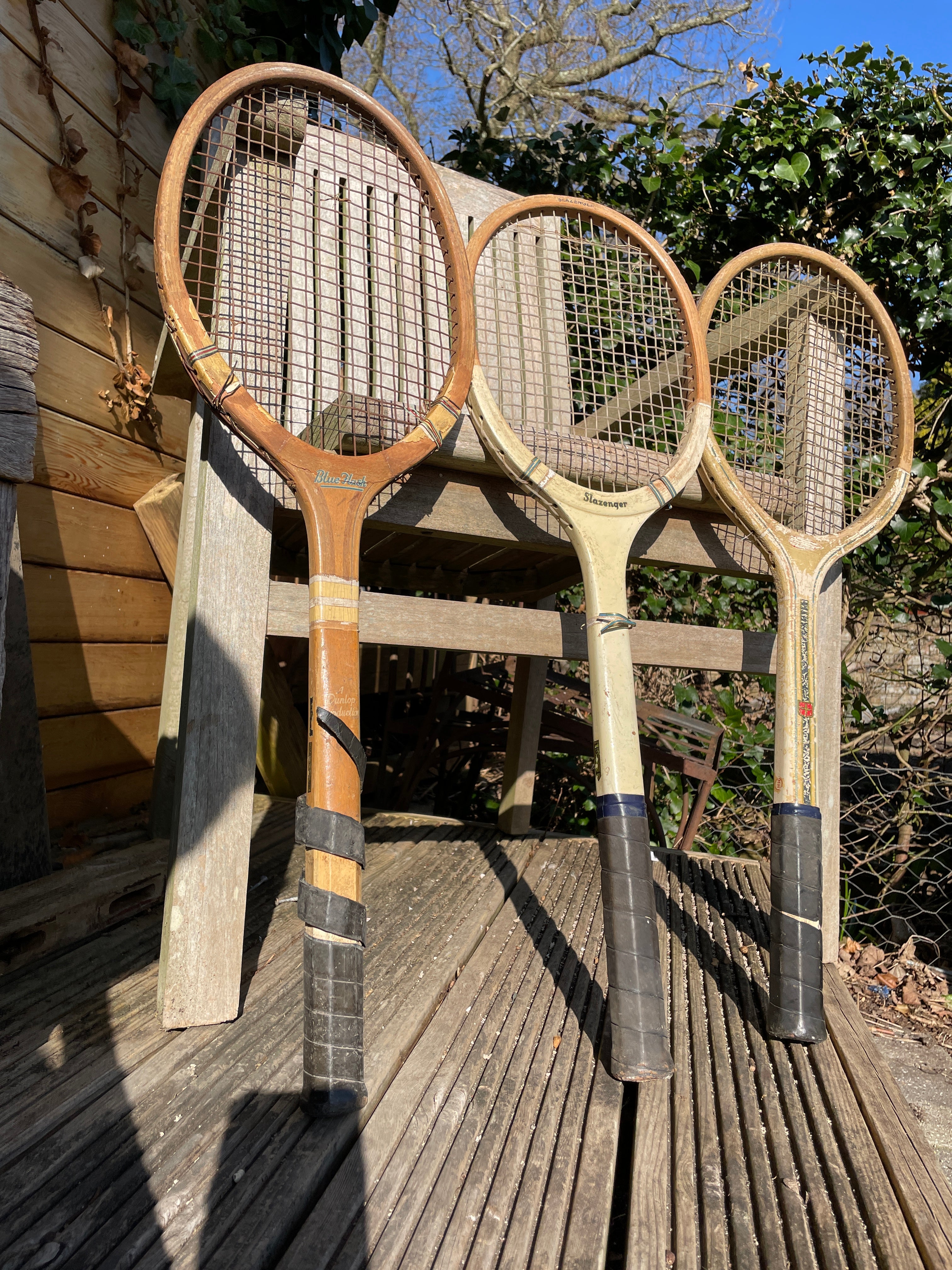 Three vintage wooden tennis rackets Slazenger Royal Crown, Dunlop Blue ...