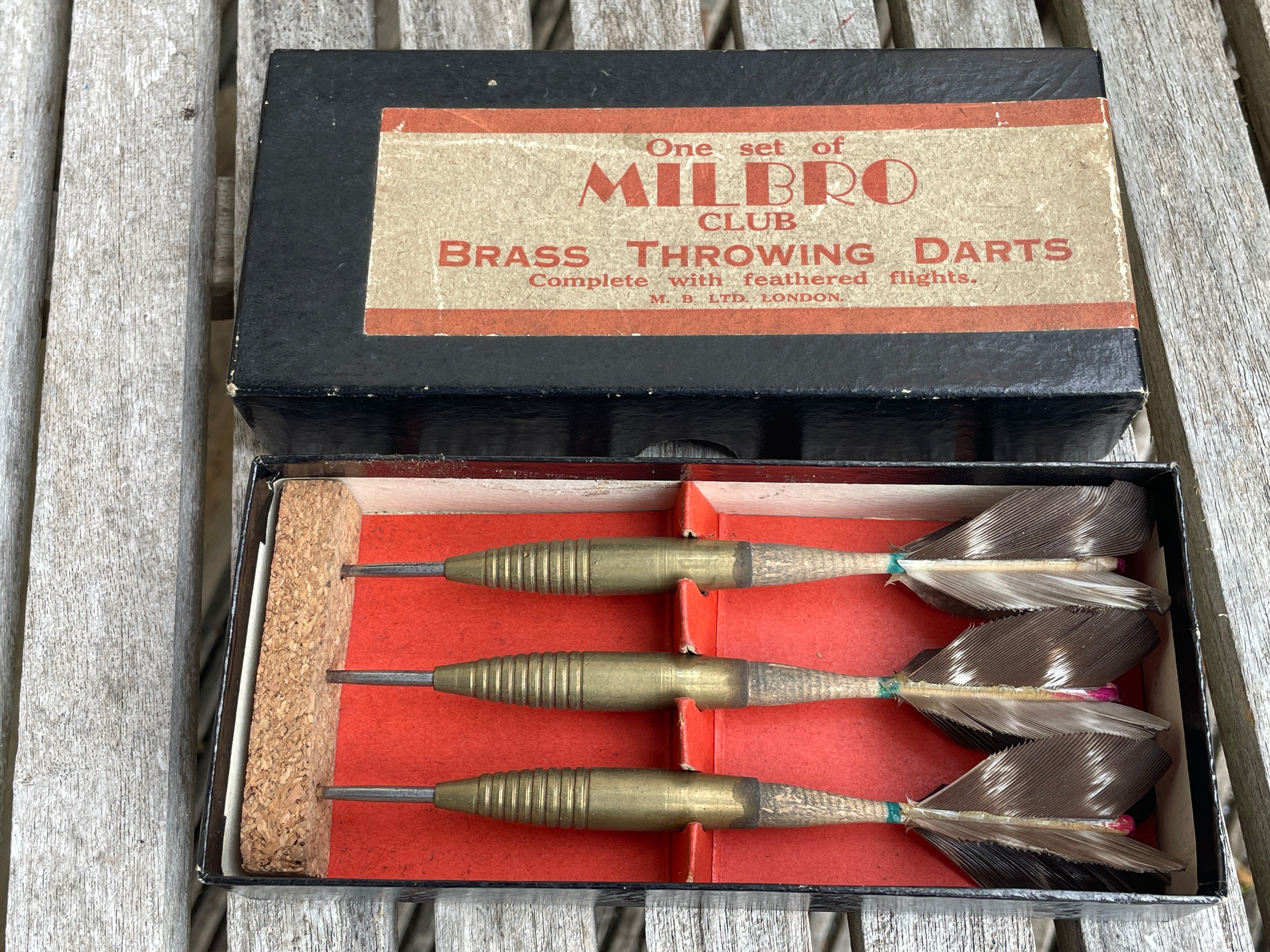 Vintage Milbro Club Brass Throwing Darts Set with Feather Flights in O ...