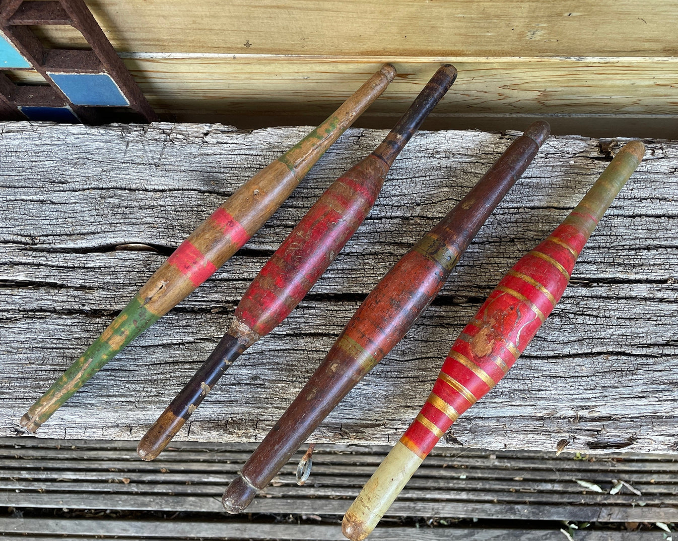 Antique wooden chapati bread rolling pins bright original lacquer pain ...